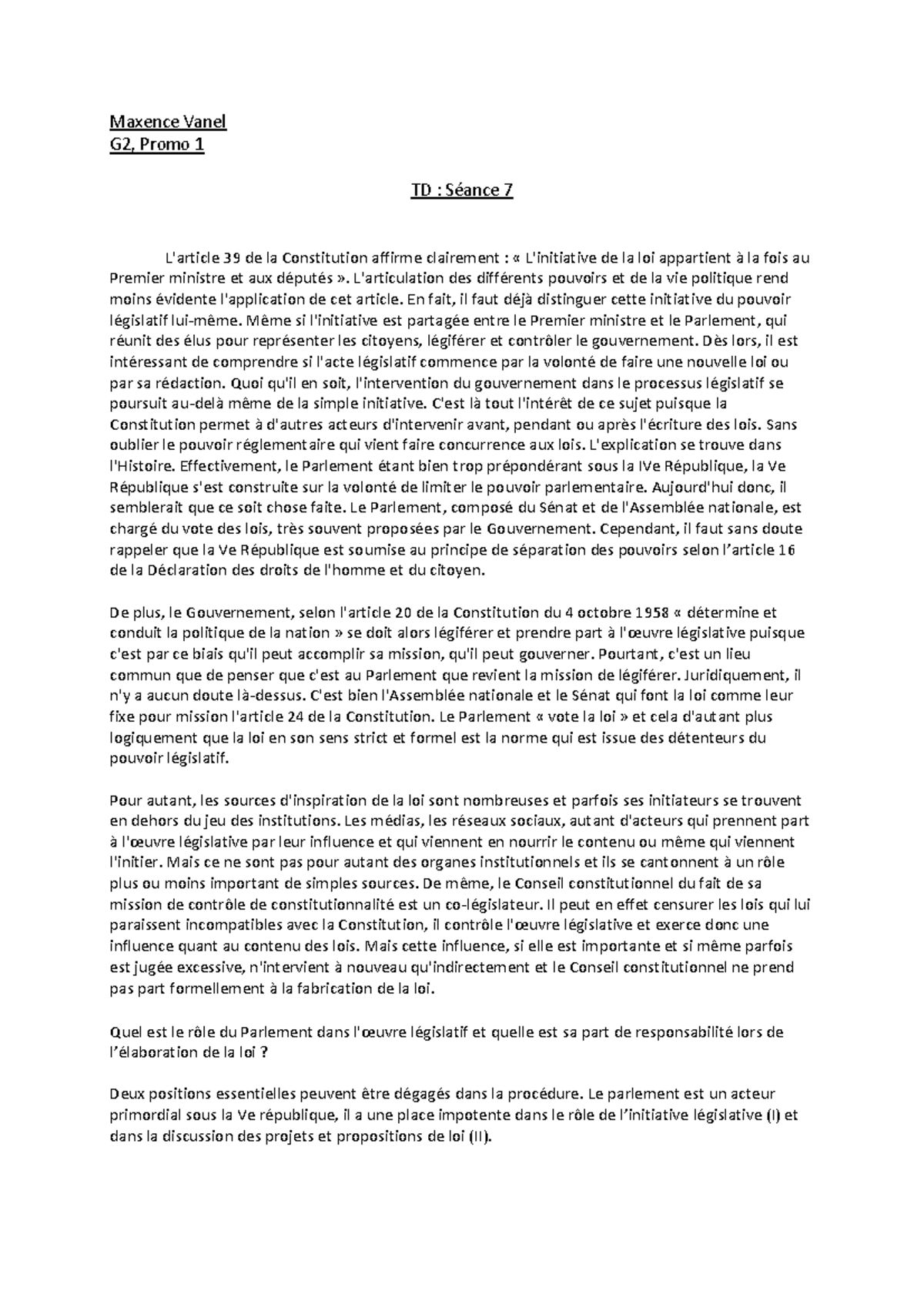 Seance 7 TD - Dissertation droit constitutionnel - Maxence Vanel G2, Promo 1 TD : SÈance 7 L ...