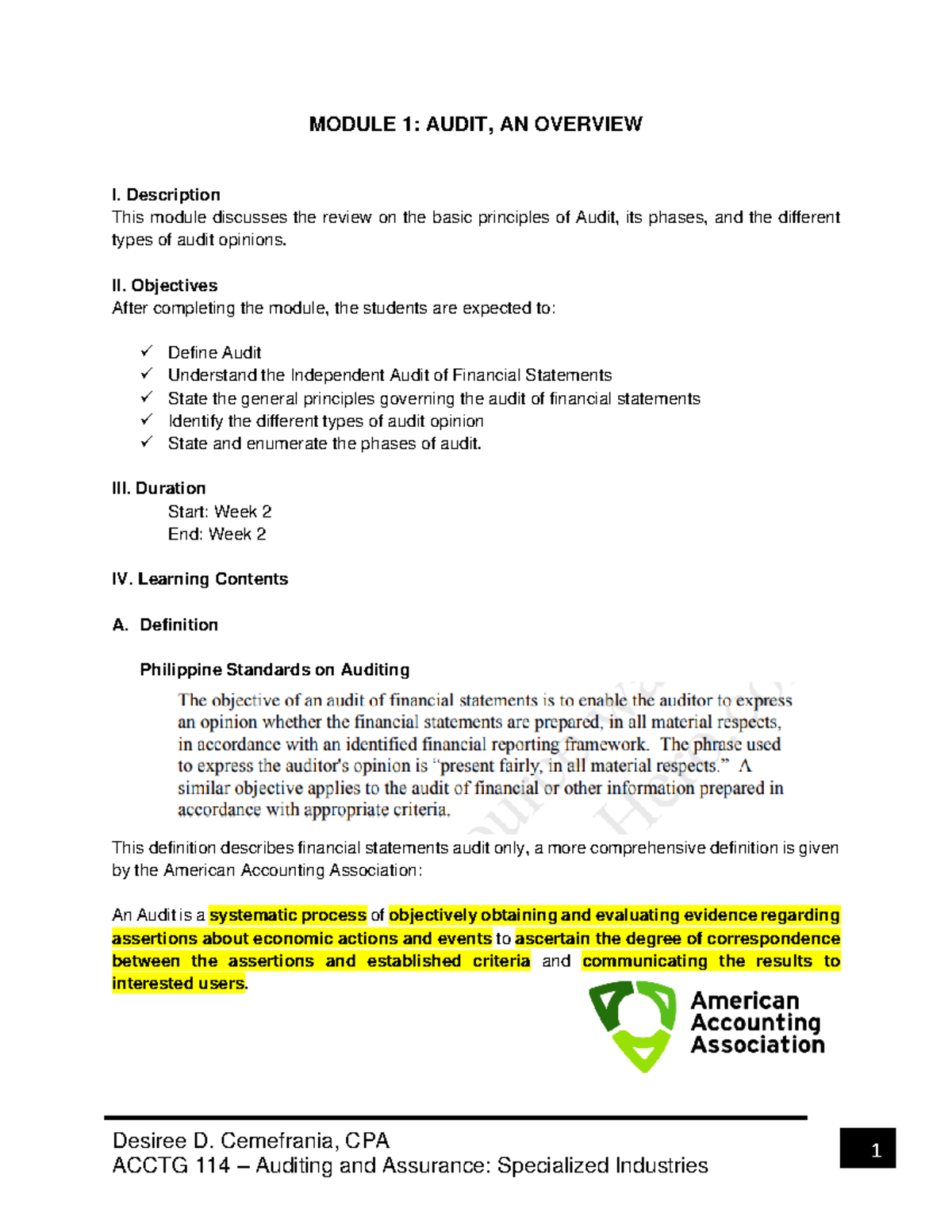 Module 1 Review on Audit Overview - Desiree D. Cemefrania, CPA 1 MODULE ...
