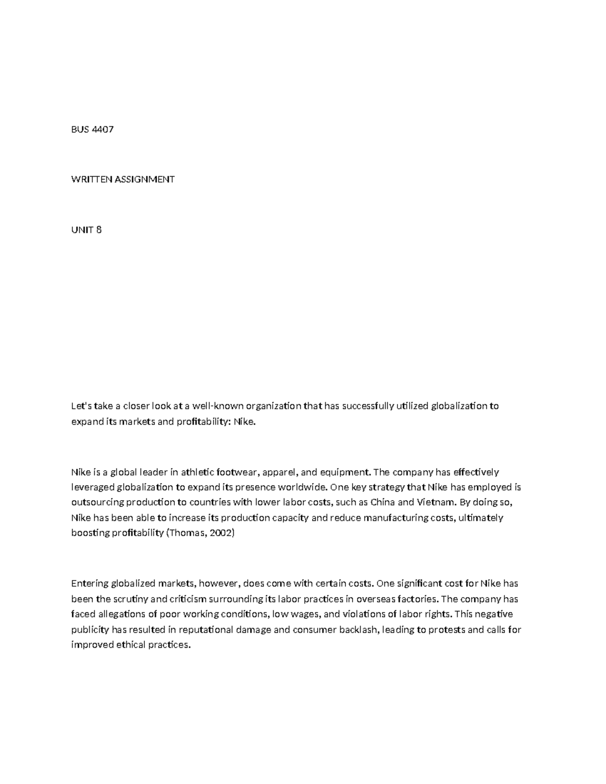 BUS 4407 WA unit 8 - BUS 4407 WRITTEN ASSIGNMENT UNIT 8 Let's take a ...