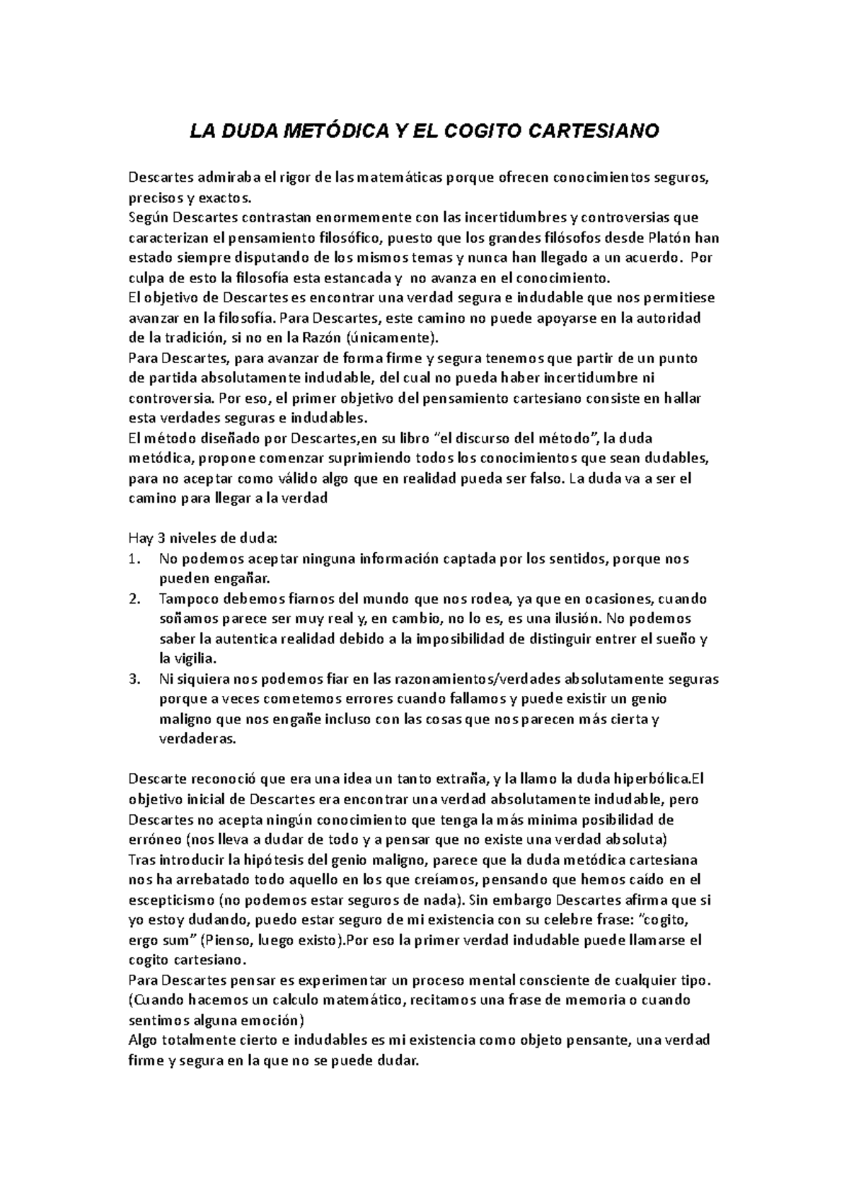 Apuntes FILO Descartes - LA DUDA METÓDICA Y EL COGITO CARTESIANO ...
