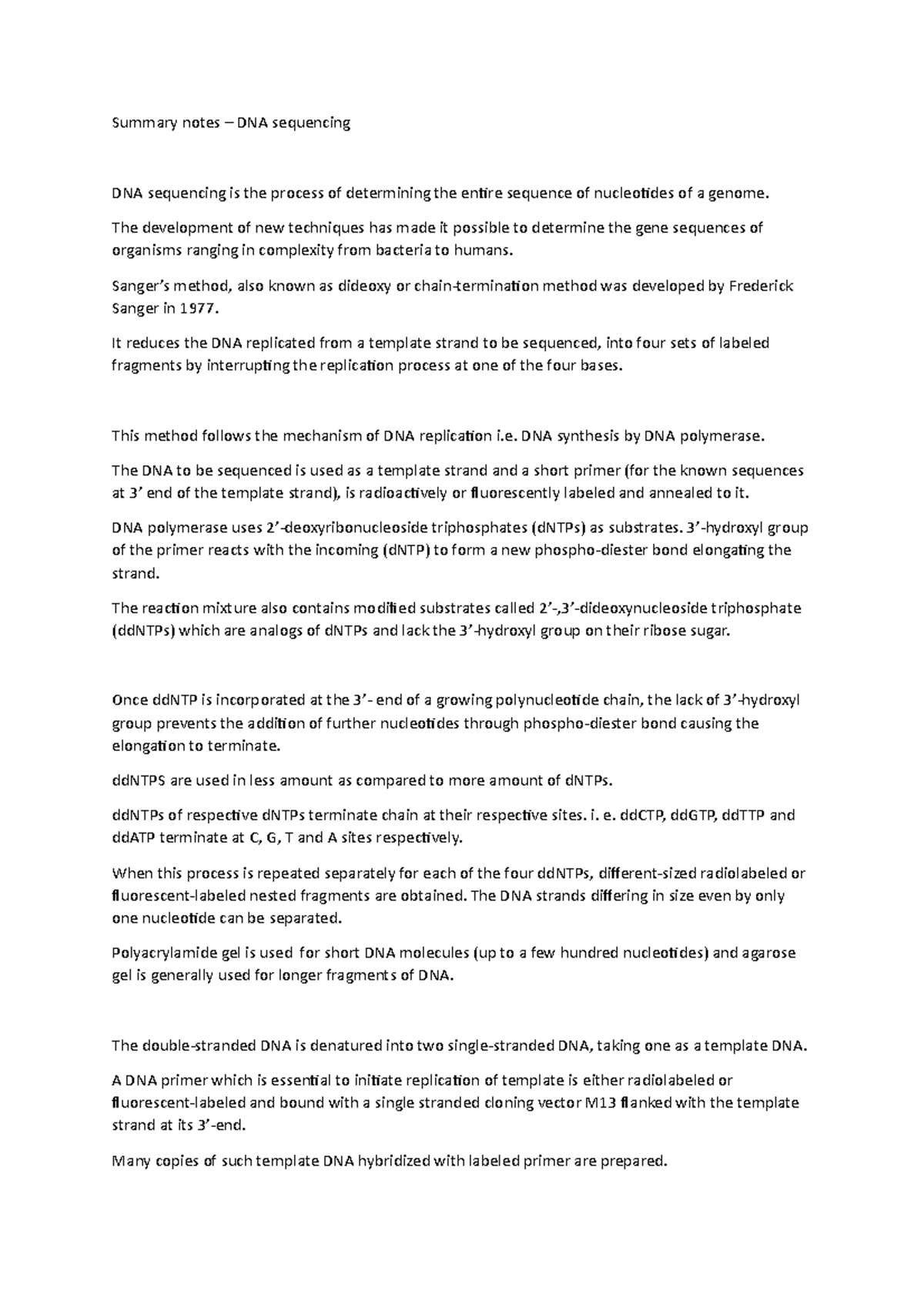 Summary notes – DNA sequencing - Summary notes – DNA sequencing DNA ...