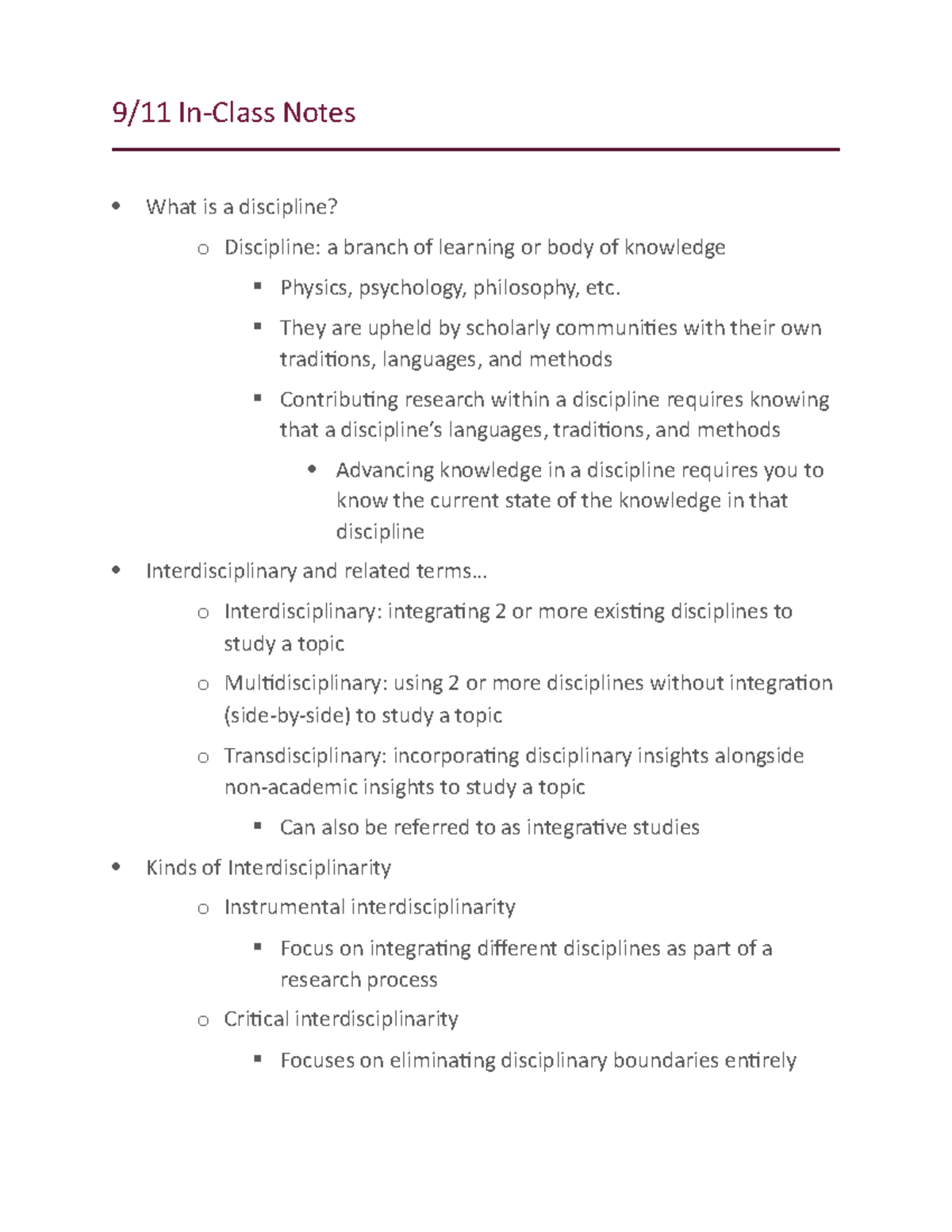 In-Class Notes: Interdisciplinary Thought - 9/11 In-Class Notes What is ...