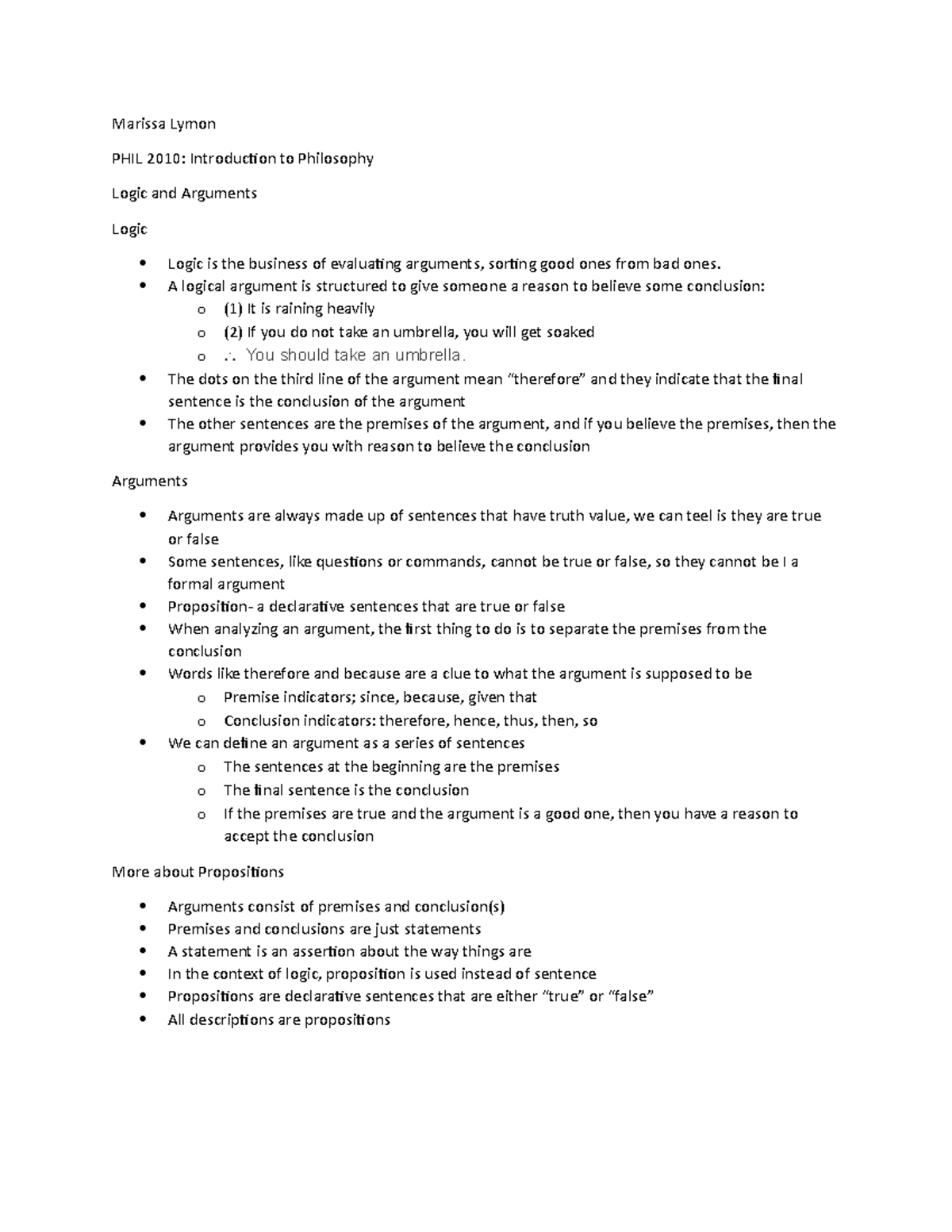 Logic and Arguments - Marissa Lymon PHIL 2010: Introduction to Philosophy Logic and Arguments ...