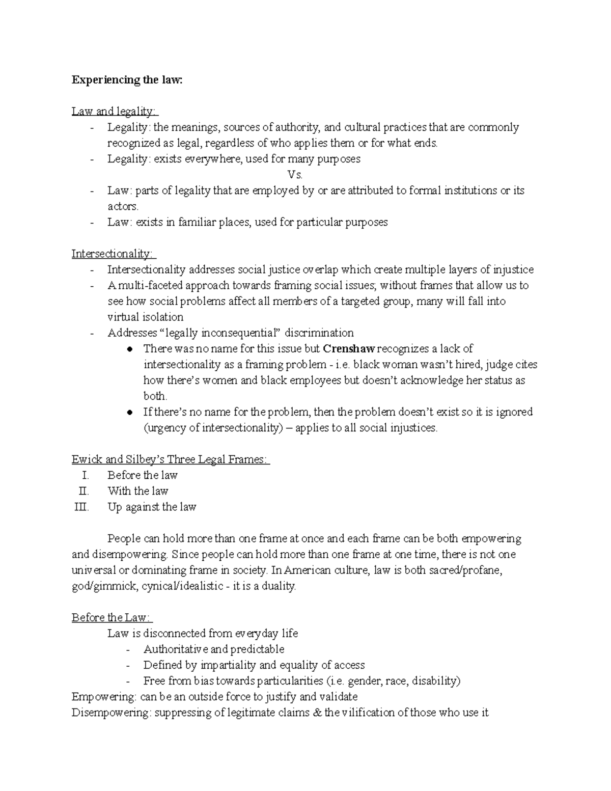 Legal review 1 - midterm lecture notes - Experiencing the law: Law and ...