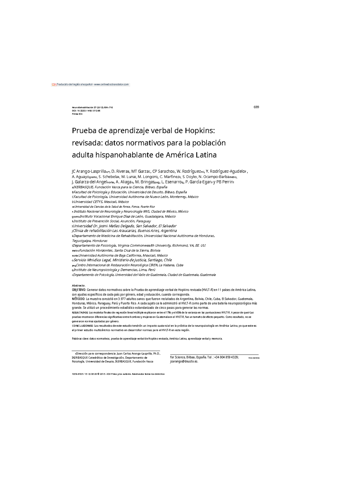Hopkins Verbal Learning test-revised. Datos normativos ...