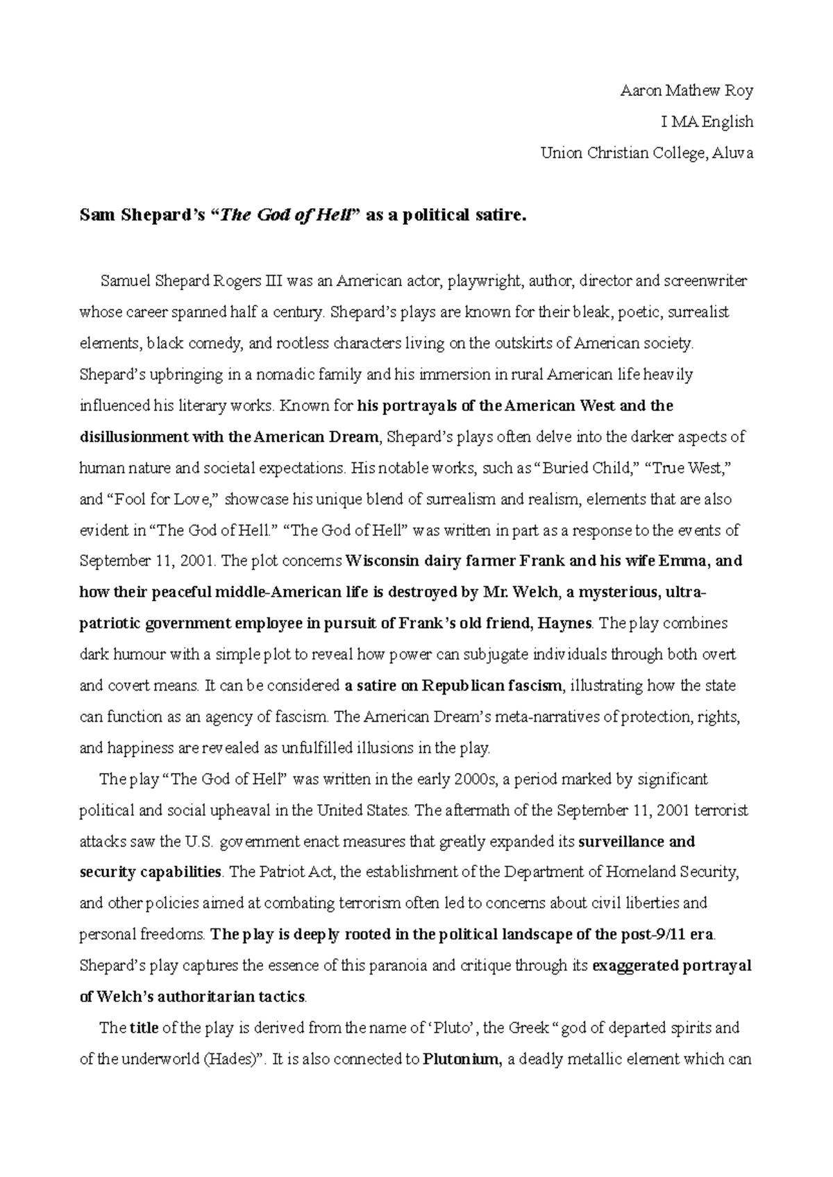 The god of hell as a pol sat - Aaron Mathew Roy I MA English Union ...