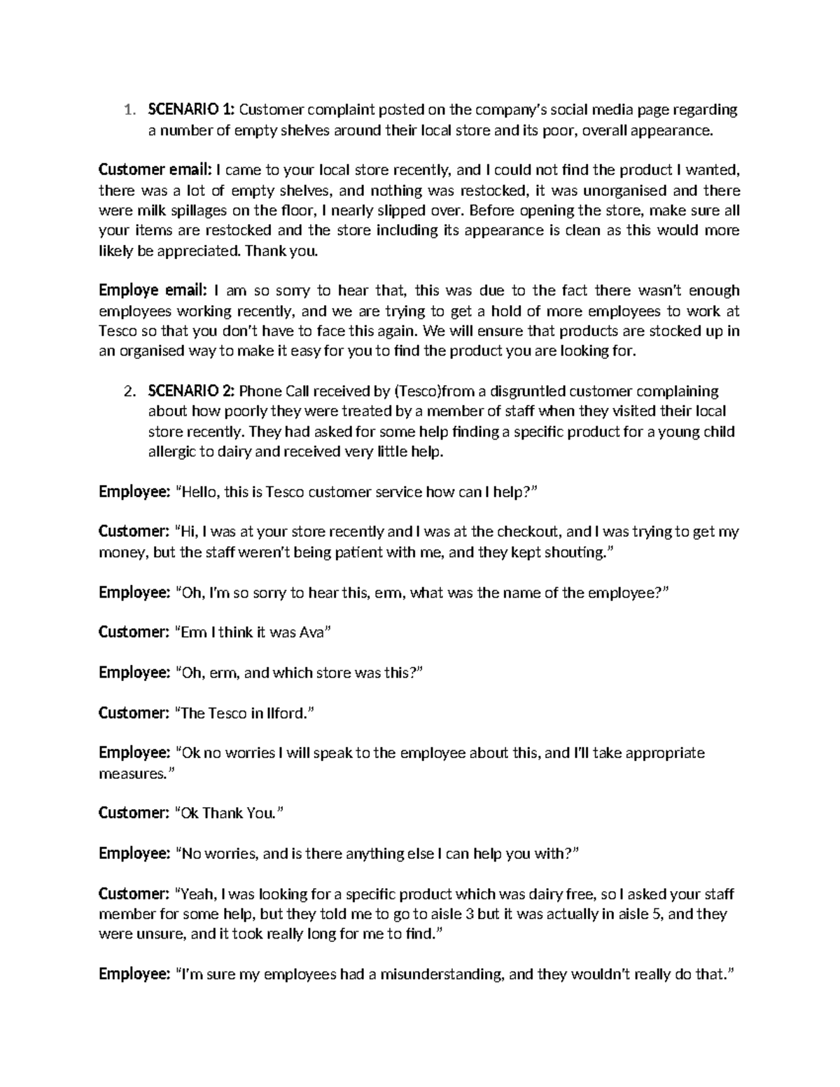 Unit 14-Role Play - SCENARIO 1: Customer complaint posted on the ...