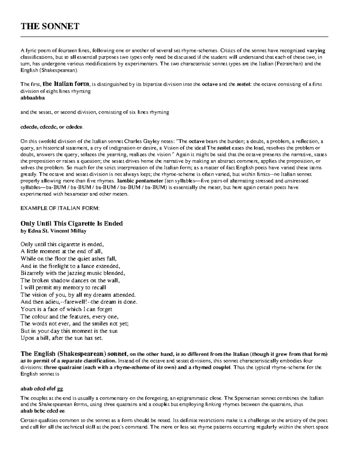 Study sonnet - nope - THE SONNET A lyric poem of fourteen lines ...