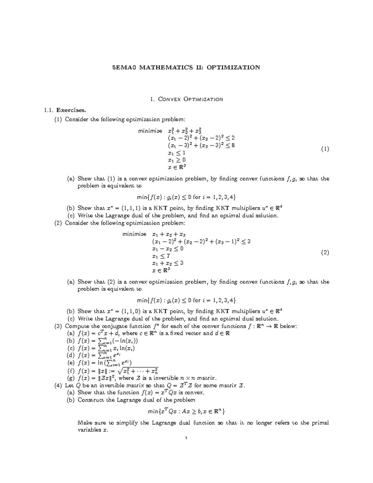 6 Convex Optimization exercises - 5EMA0 MATHEMATICS II: OPTIMIZATION 1 ...