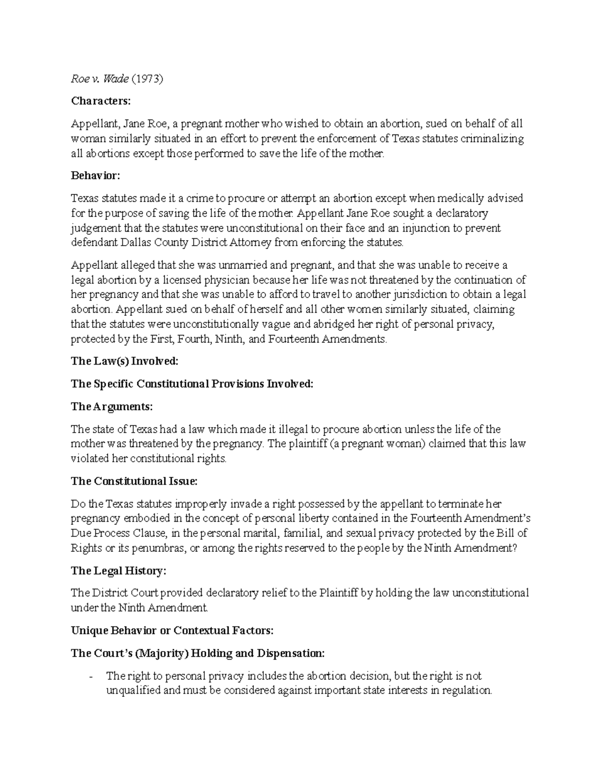 Roe v - Lecture notes case brief - Roe v. Wade (1973) Characters ...