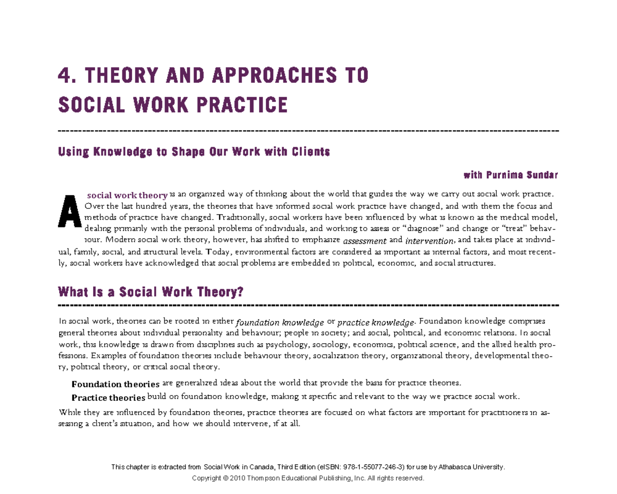Part 2 - Section 1 Readings - 4. THEORY AND APPROACHES TO SOCIAL WORK ...