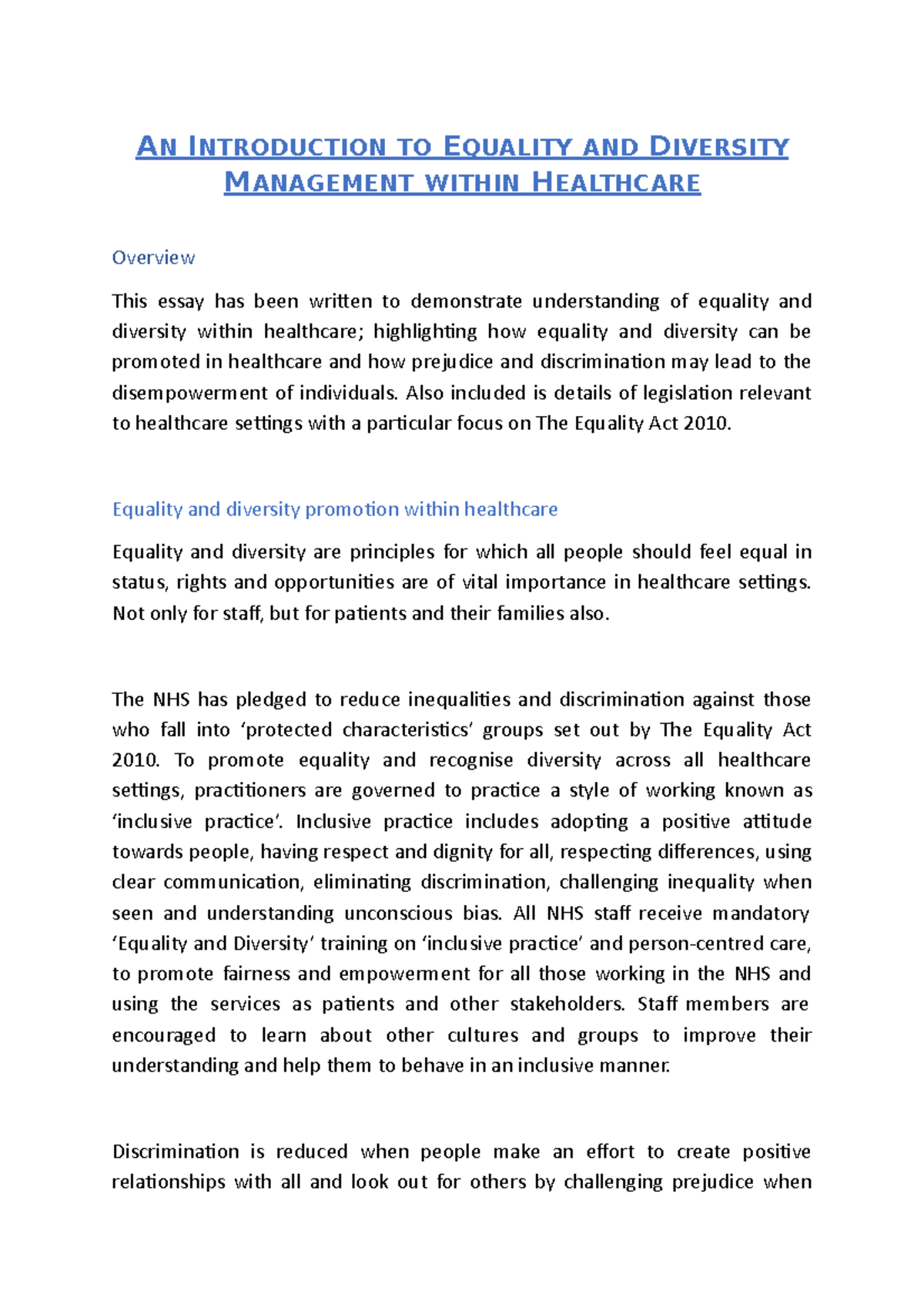 AN Introduction TO Equality AND Diversity Management Within Healthcare ...
