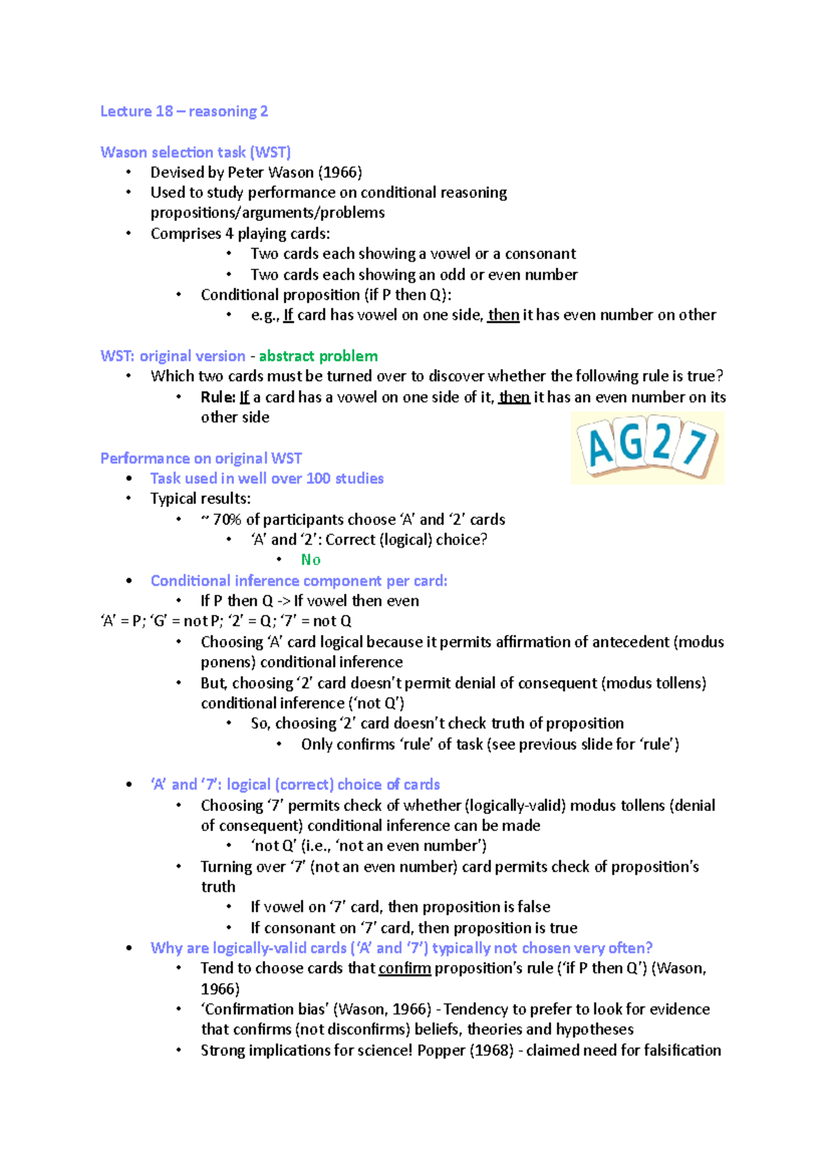 Lecture 18 - Reasoning 2 - Lecture 18 – reasoning 2 Wason selection ...
