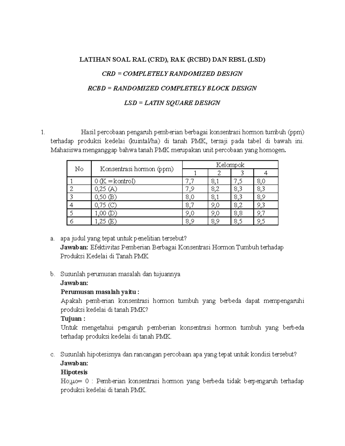LATIHAN SOAL RAL (CRD), RAK (RCBD) DAN RBSL (LSD) - Mahasiswa menganggap bahwa tanah PMK ...