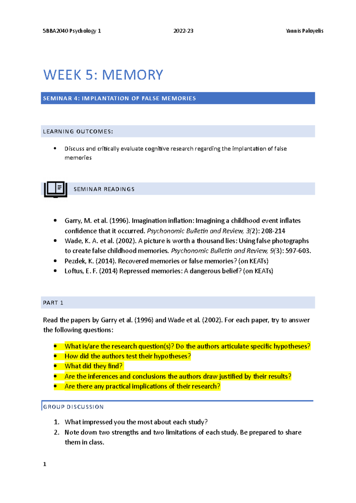 5BBA2040 2022 23 Seminar 4 worksheet - 5BBA2040 Psychology 1 2022-23 ...