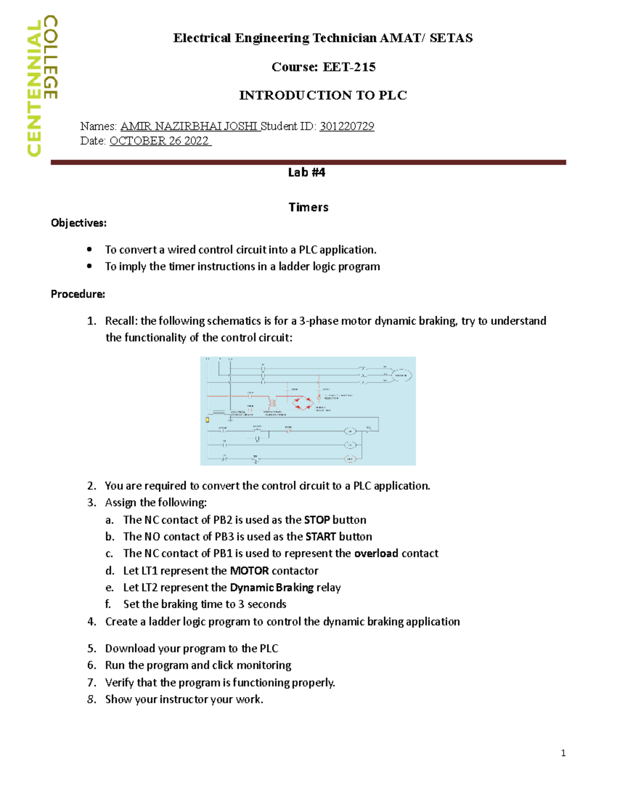 EET215 Lab4 Timers 11 Joshi 301220729 - Electrical Engineering Technician AMAT/ SETAS Course ...