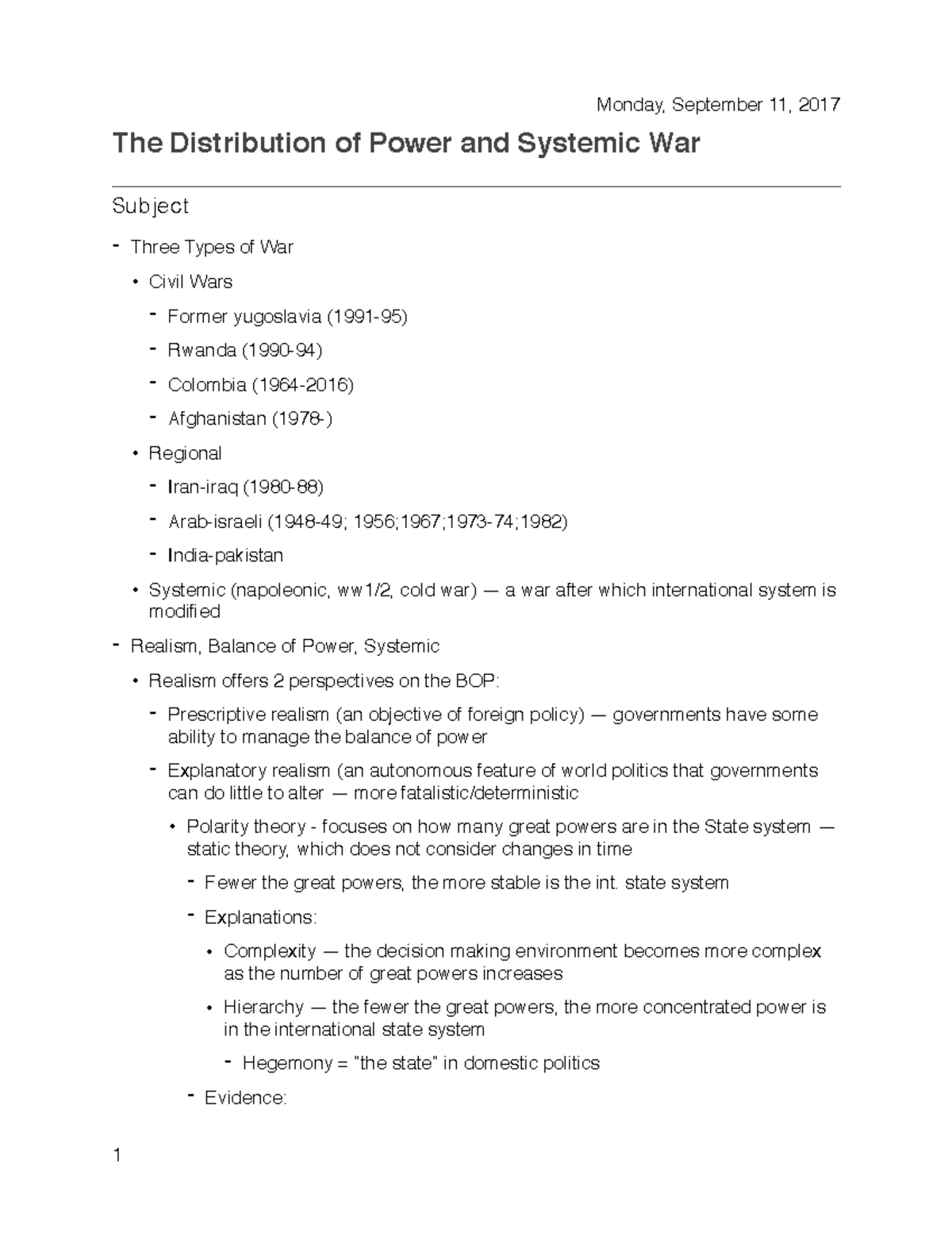 The Distribution of Power and Systemic War - Monday, September 11, 2017 ...