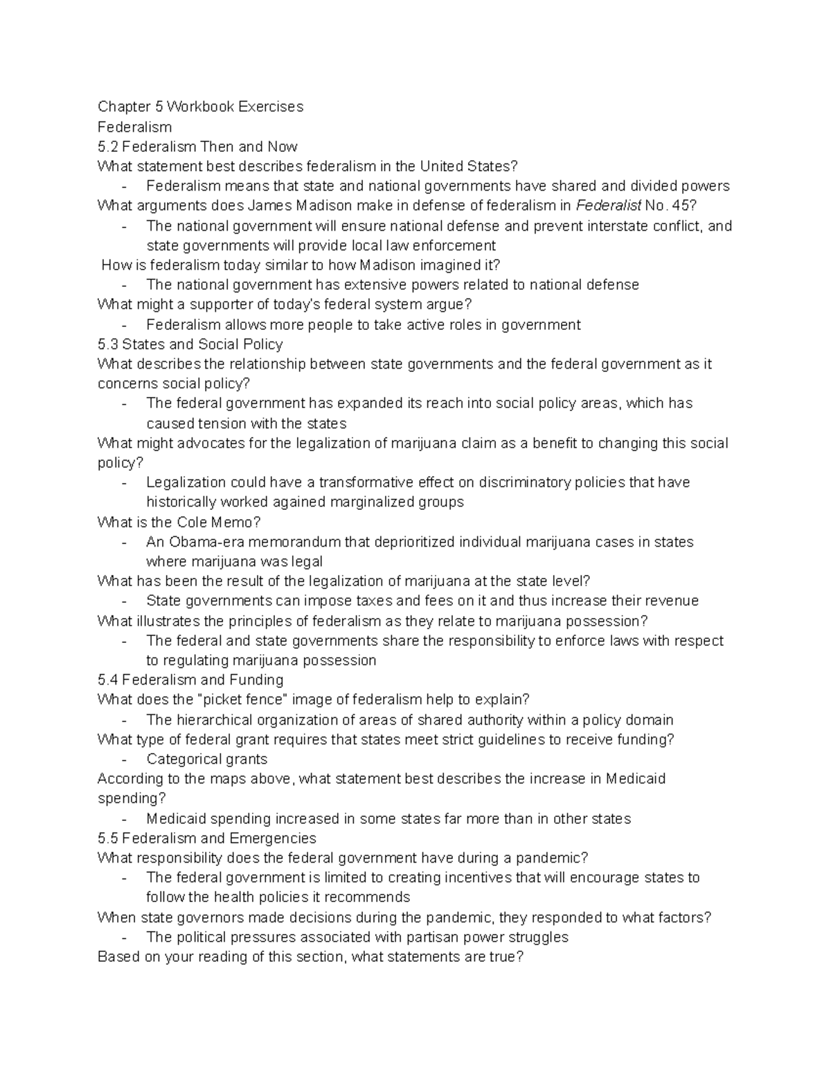 PSCI 2306 Ch 5 Wkbk Exercises - Chapter 5 Workbook Exercises Federalism ...