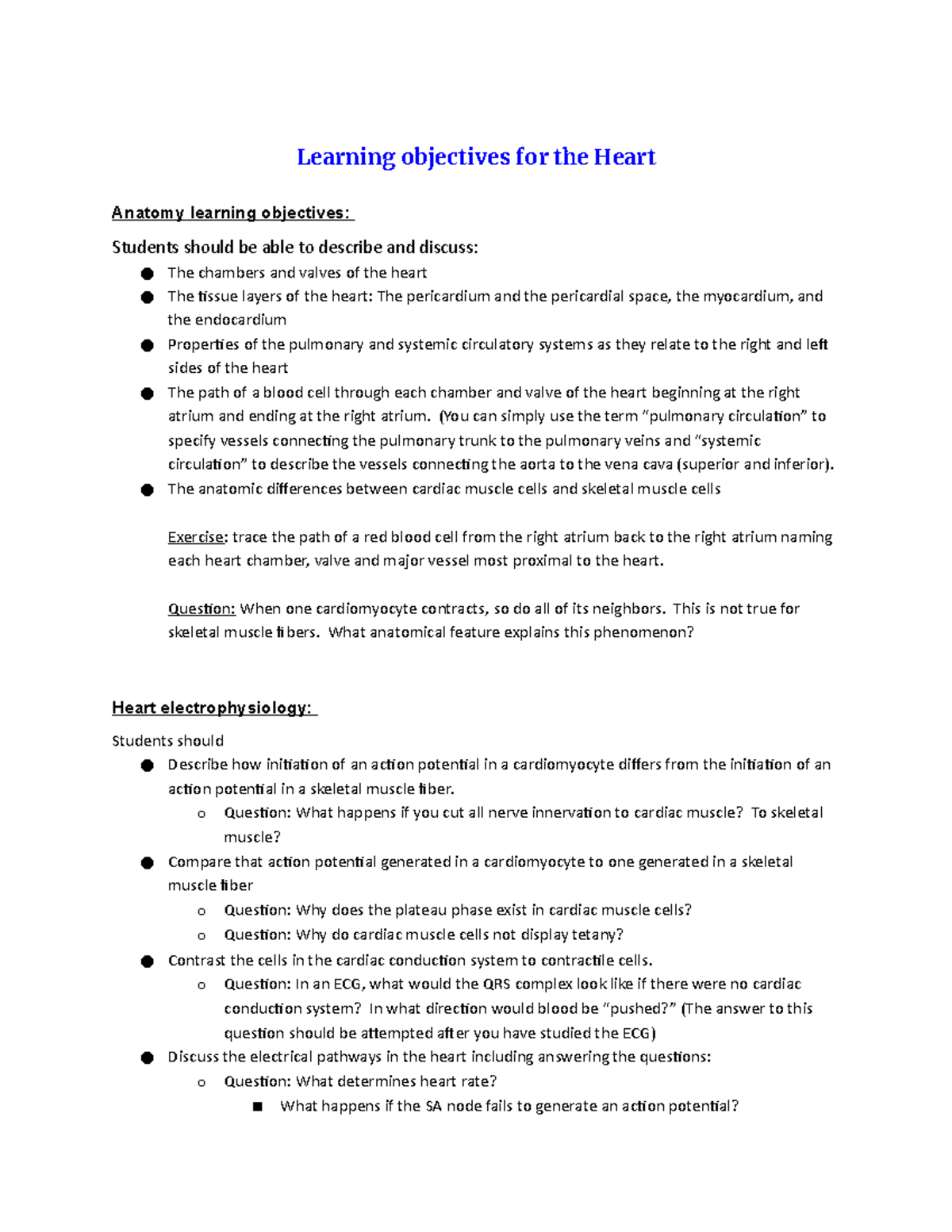 Heart Learning Objectives - Learning objectives for the Heart Anatomy ...