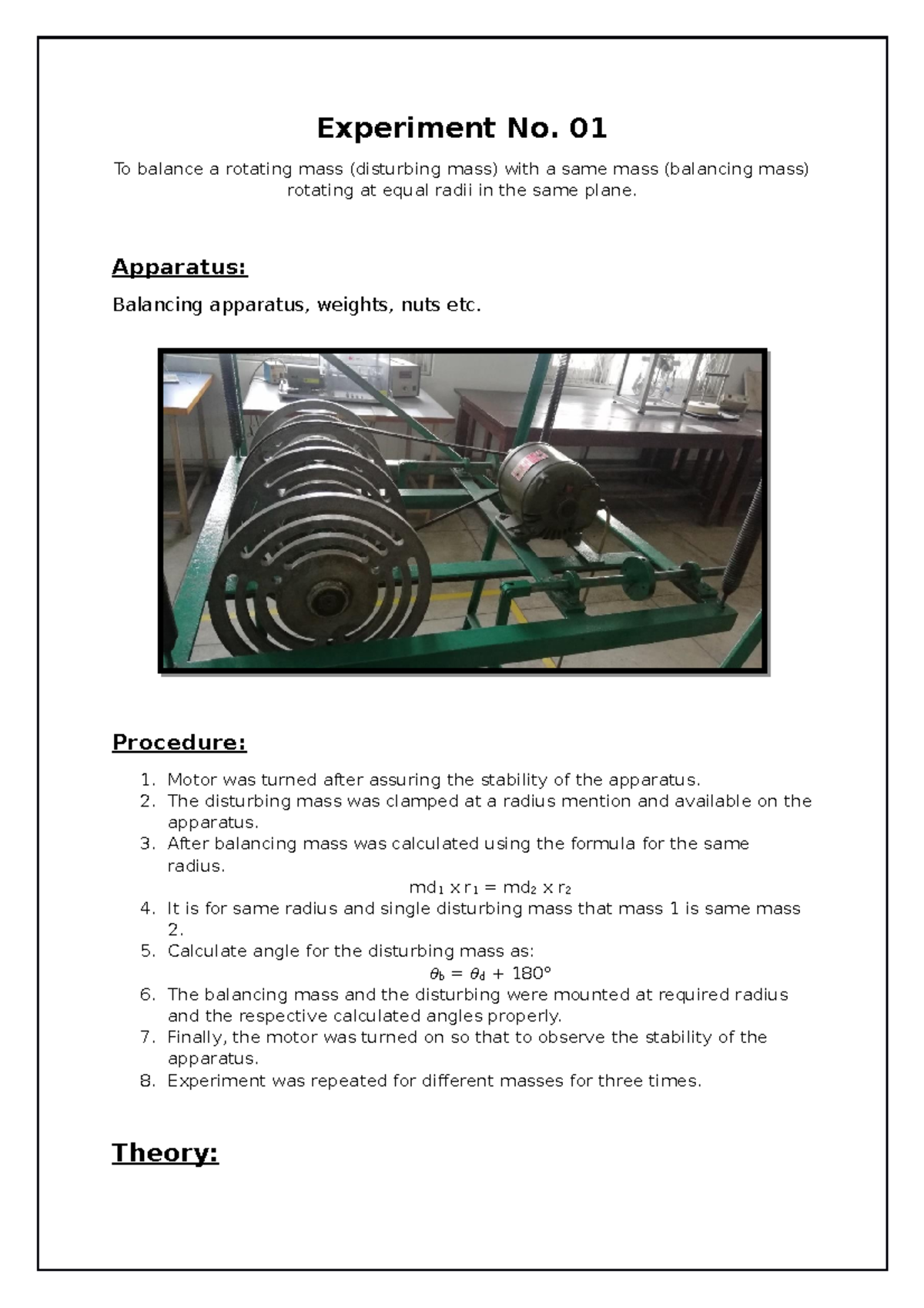mechanic machine lab report - Experiment No. 01 To balance a rotating ...