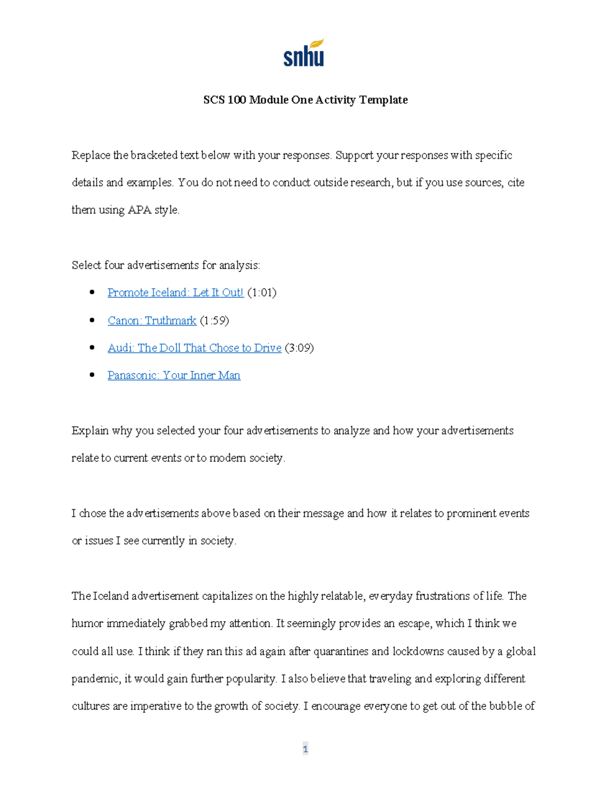 SCS 100 Module One Activity - Support your responses with specific ...