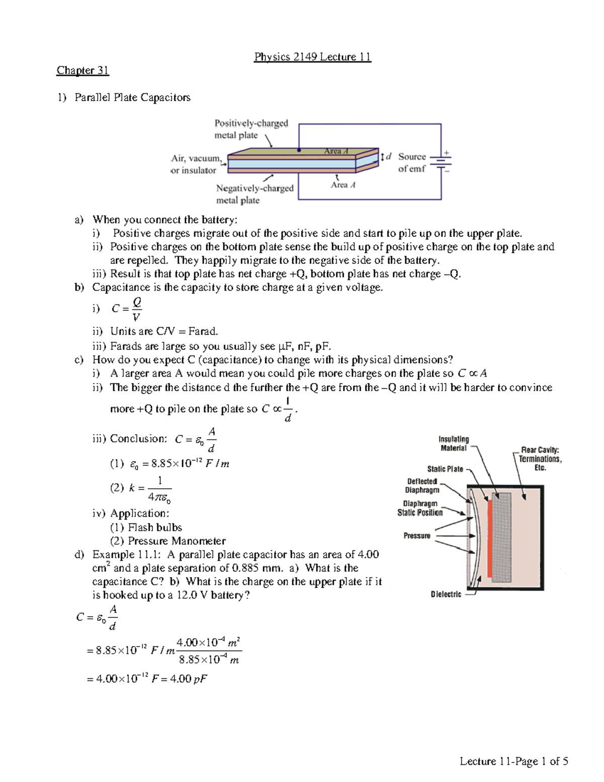 P2149L11s - Physics 2149 Lecture 11 Chapter 31 Parallel Plate Capacitors a) ii) ge on the top ...