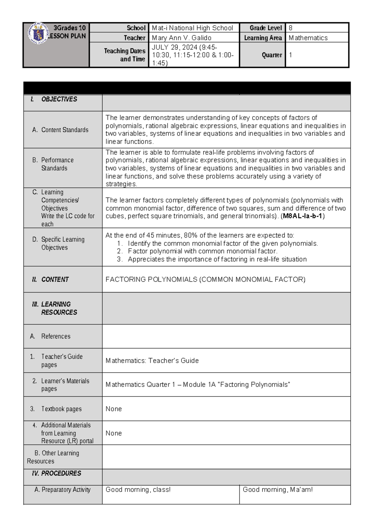 Q1 Math08 (1) Factoring (Common Monomial) - 3 Grades 10 DAILY LESSON ...