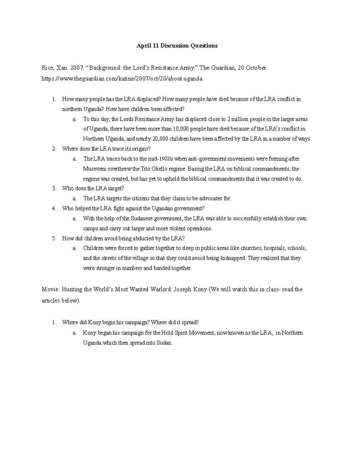 April 11 Discussion - April 11 Discussion Questions Rice, Xan. 2007 ...