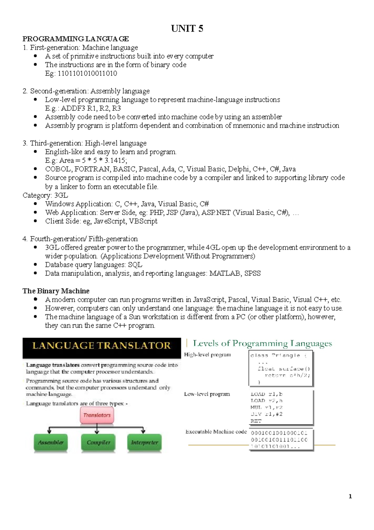 5 Programming Language Unit 5 Programming Language First Generation Machine Language A Set