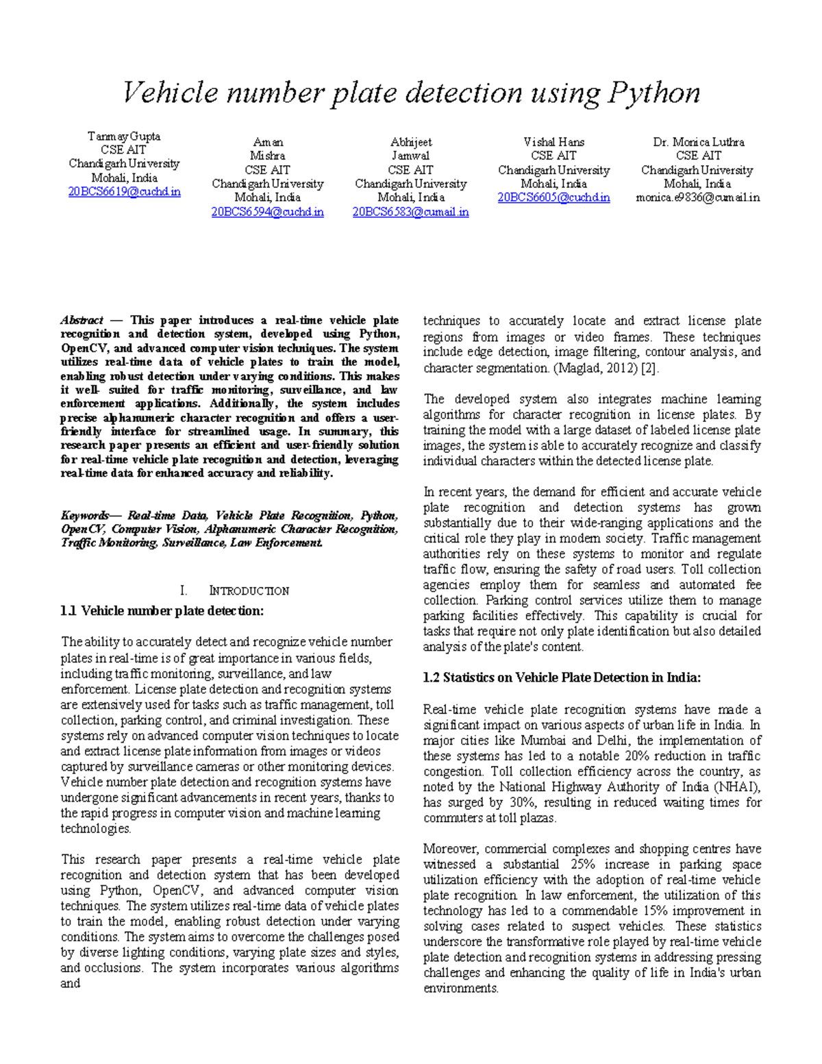 Research Article - Vehicle number plate detection using Python Tanmay Gupta CSE AIT Chandigarh ...