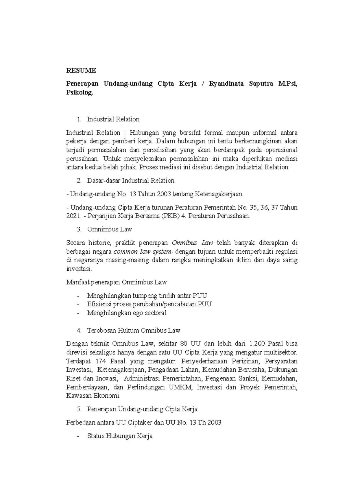 Resume Kuliah UMUM - RESUME Penerapan Undang-undang Cipta Kerja ...