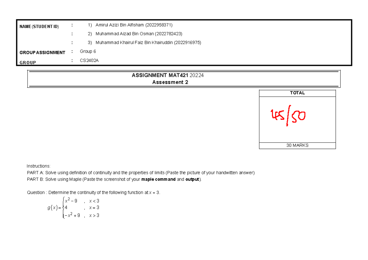 MAT 421 - Calculus I Group Project (Maple) - NAME STUDENT ID( ) : 1 ...