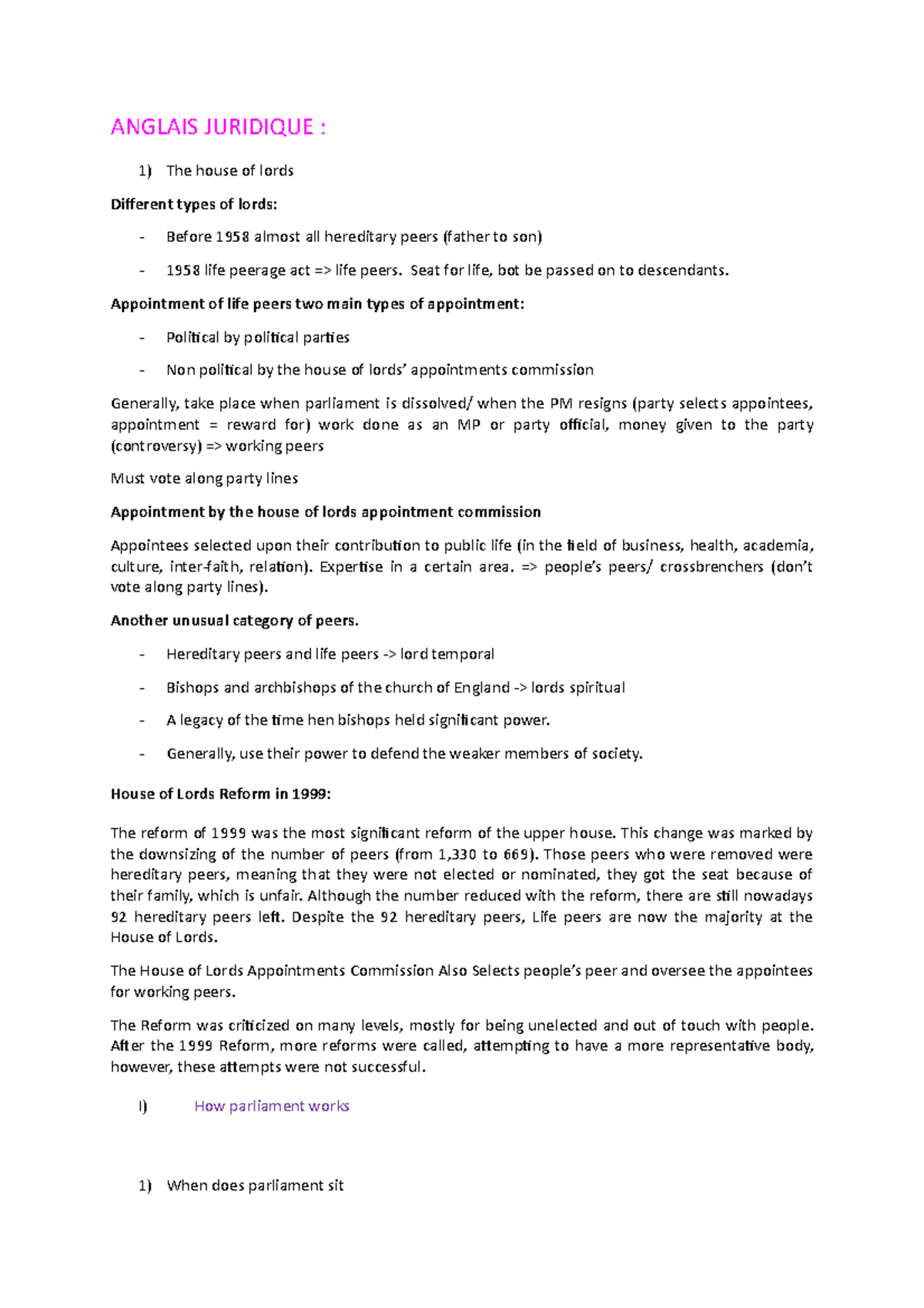 Cours du 01 Ocotbre - ANGLAIS JURIDIQUE : The house of lords Different ...