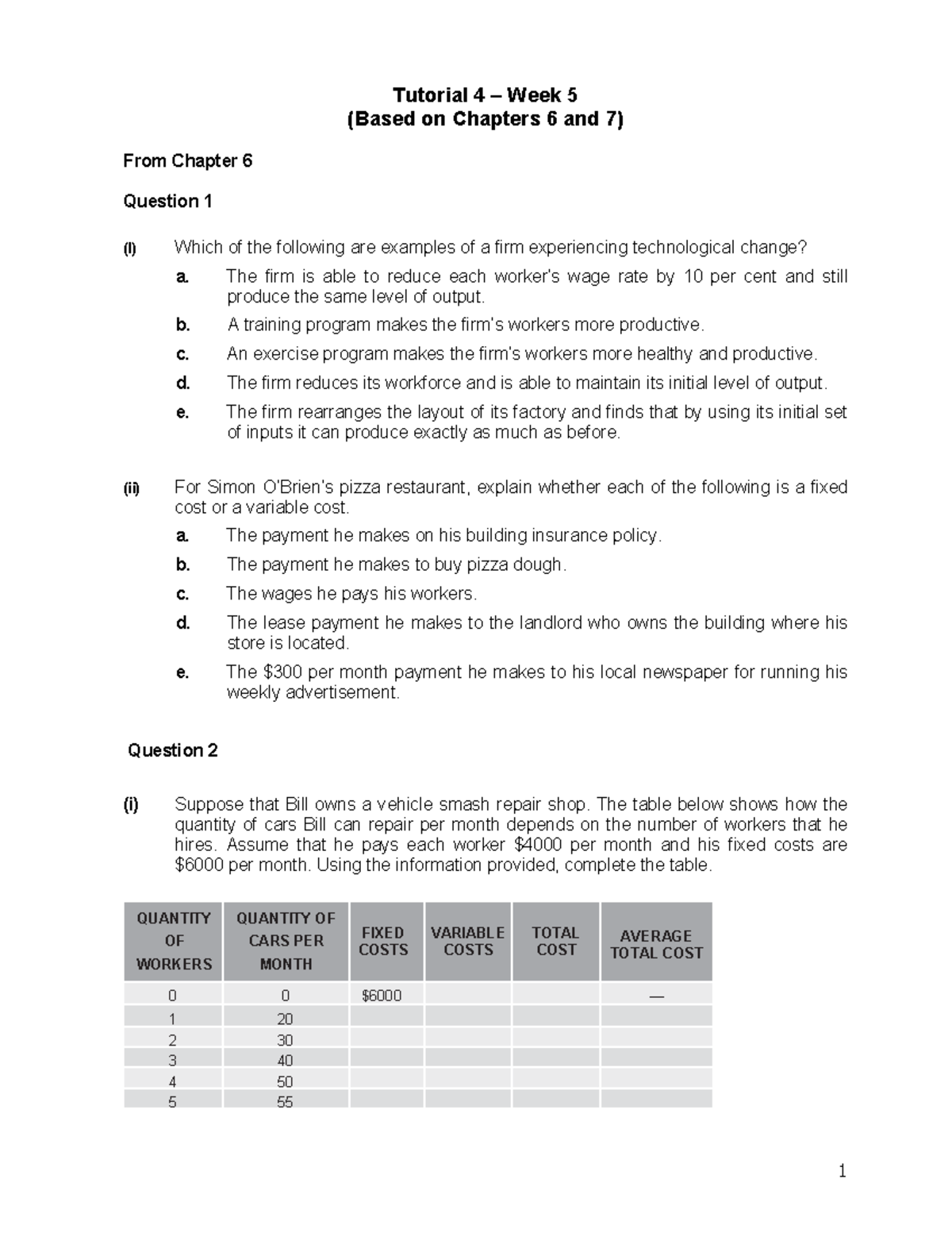 Tutorial 4 Week 5 Questions - Tutorial 4 – Week 5 (Based on Chapters 6 ...