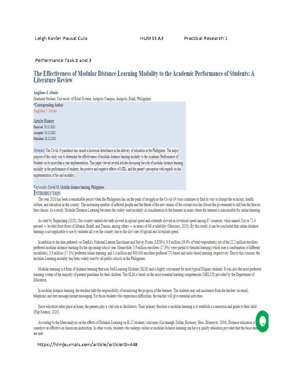 Performance Task 2 - assignment - Leigh Xavier Pausal Cula HUMSS A3 Practical Research ...