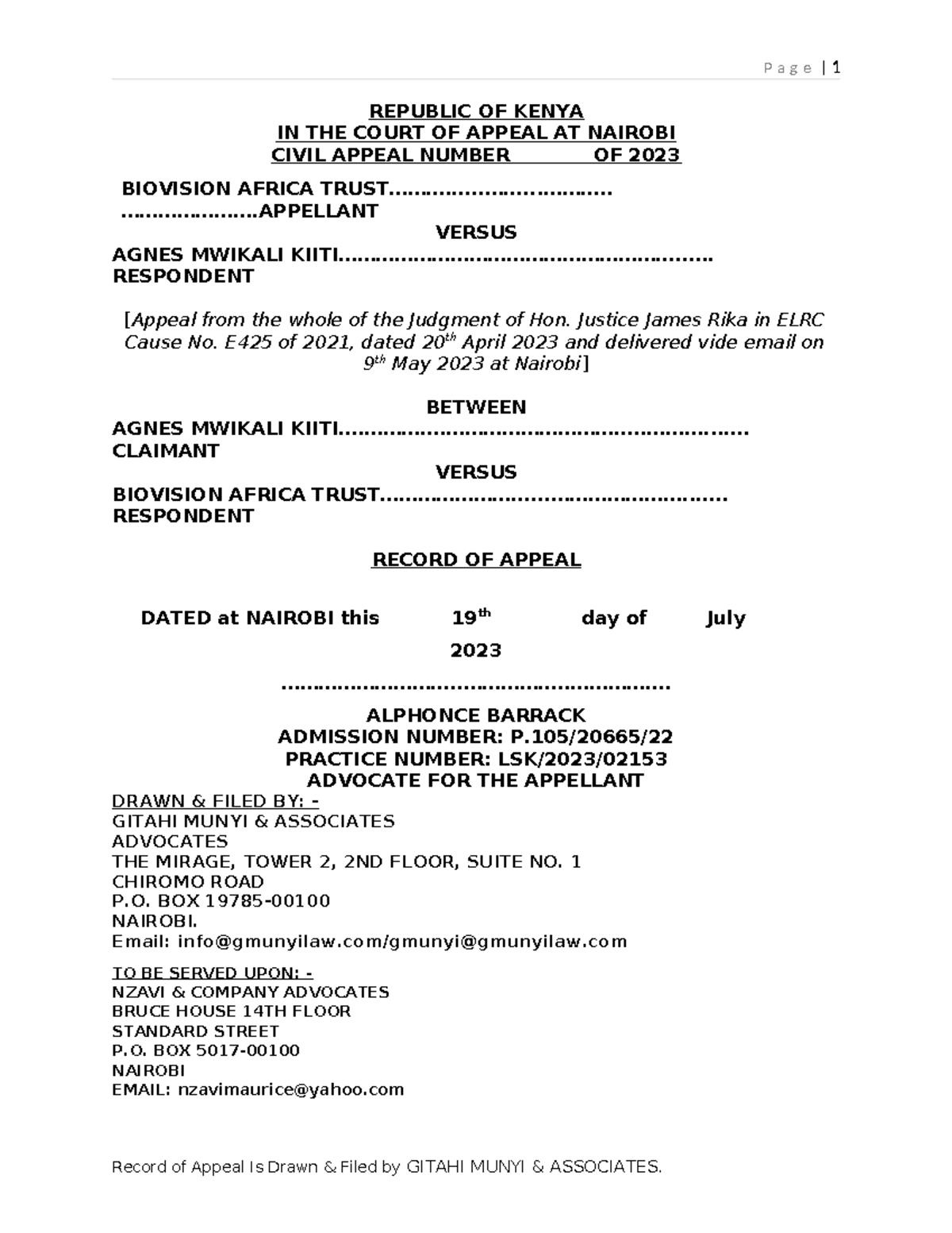 Record OF Appeal - REPUBLIC OF KENYA IN THE COURT OF APPEAL AT NAIROBI ...