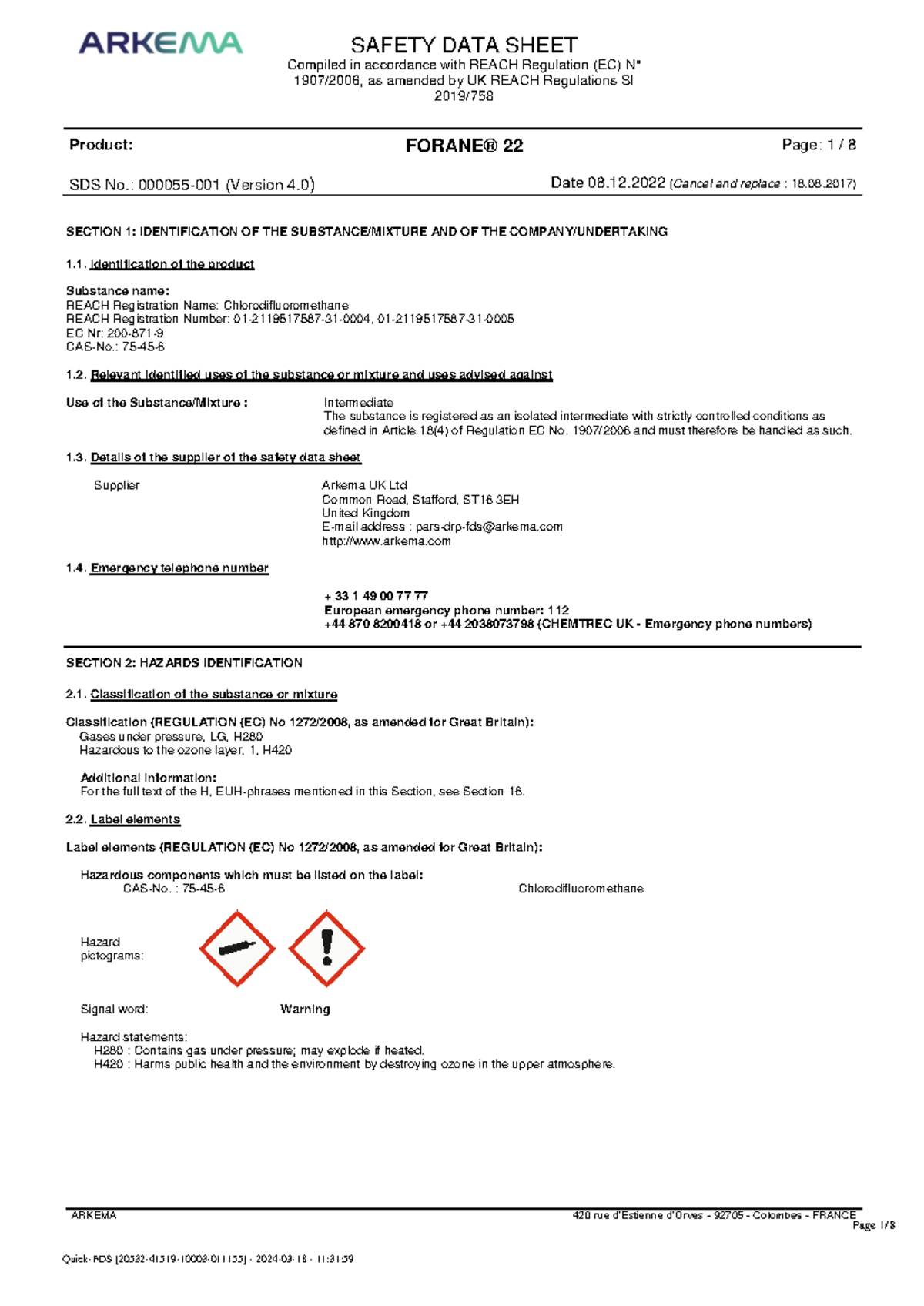 Arkema Forane 22 Refrigerant - SAFETY DATA SHEET Compiled in accordance ...