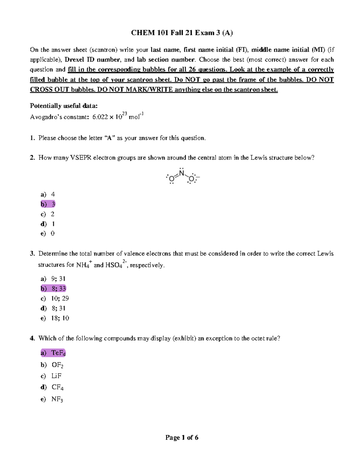 Exam 3 2021 - Exam 3 - CHEM 101 Fall 21 Exam 3 (A) On the answer sheet (scantron) write your ...
