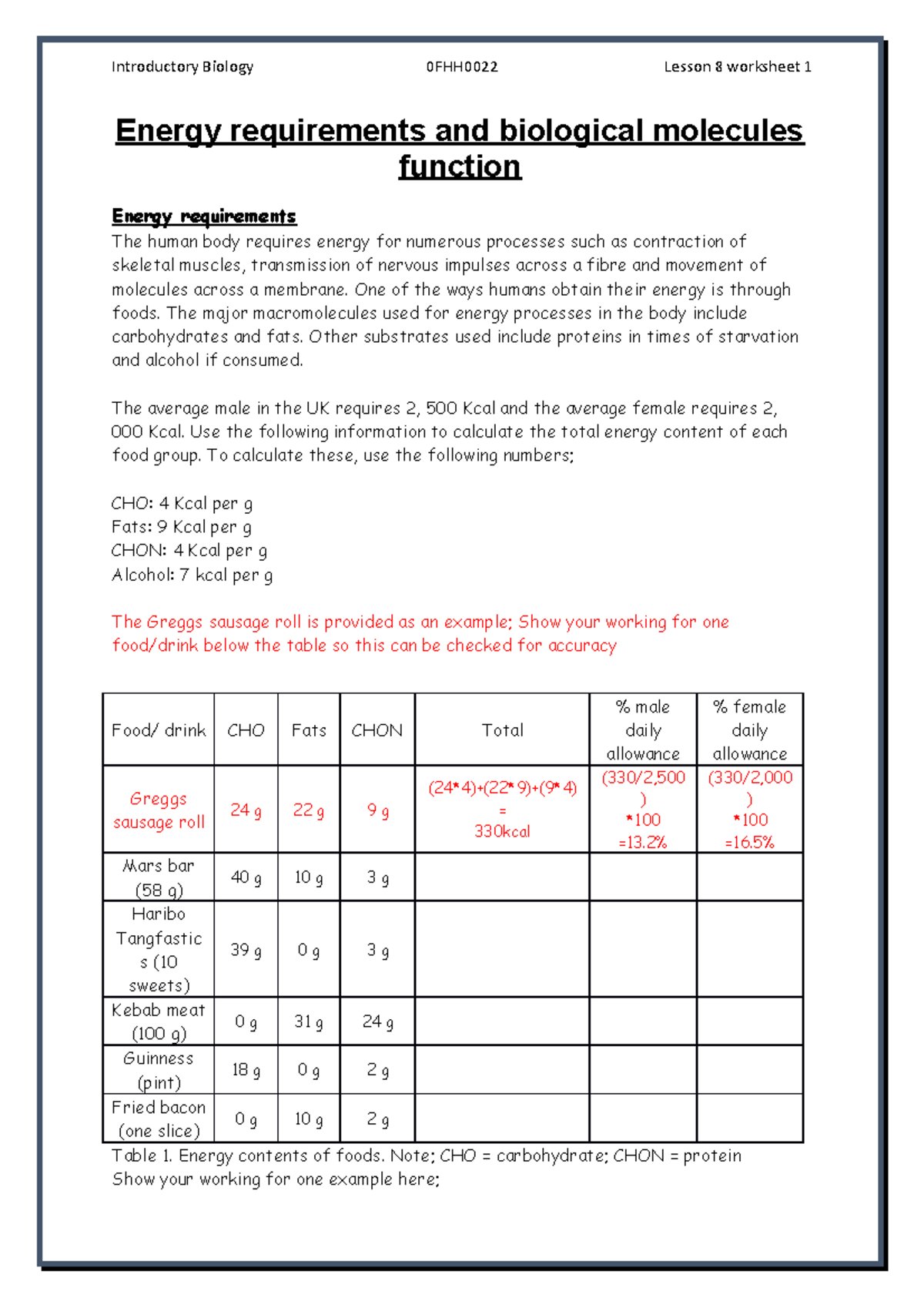 CHO Class Work Week 9 - Energy requirements and biological molecules ...