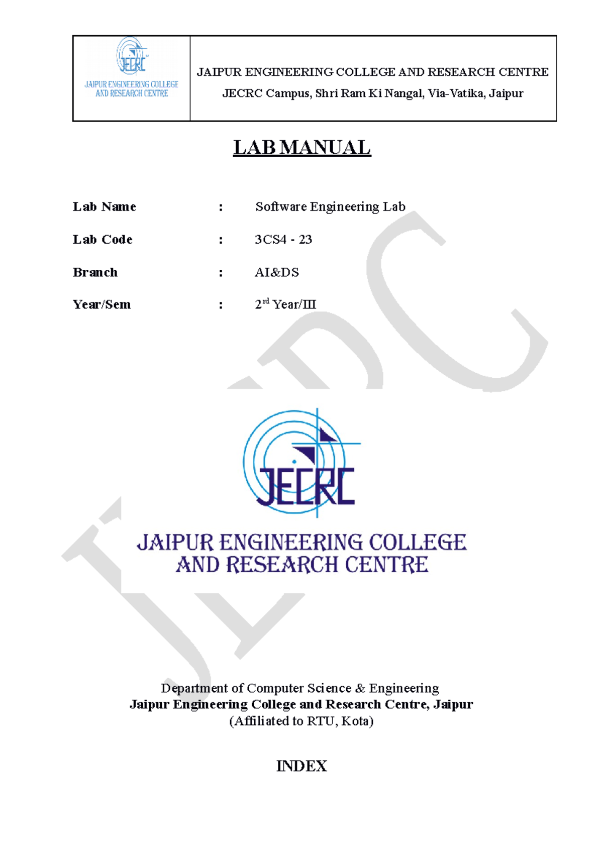 Updated SE Lab manual 2021-22 (1) - JAIPUR ENGINEERING COLLEGE AND ...