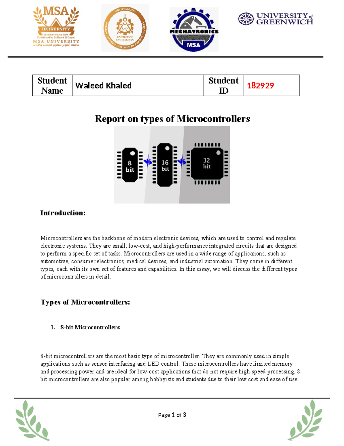 Report on types of Microcontrollers - Student Name Waleed Khaled ...