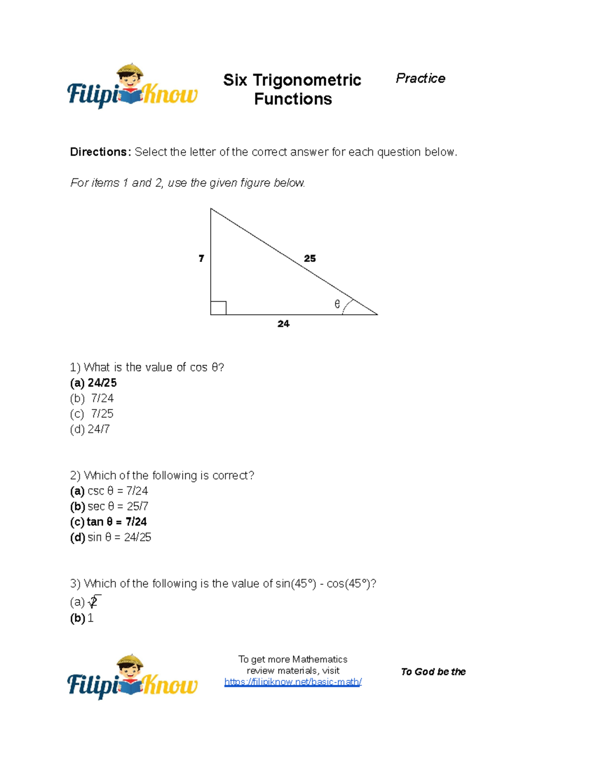 Six Trigonometric Functions Practice Questions - Six Trigonometric ...