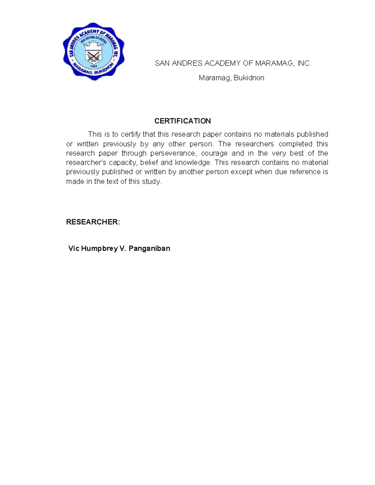 Approval Sheet UG Certification Sheet - SAN ANDRES ACADEMY OF MARAMAG ...