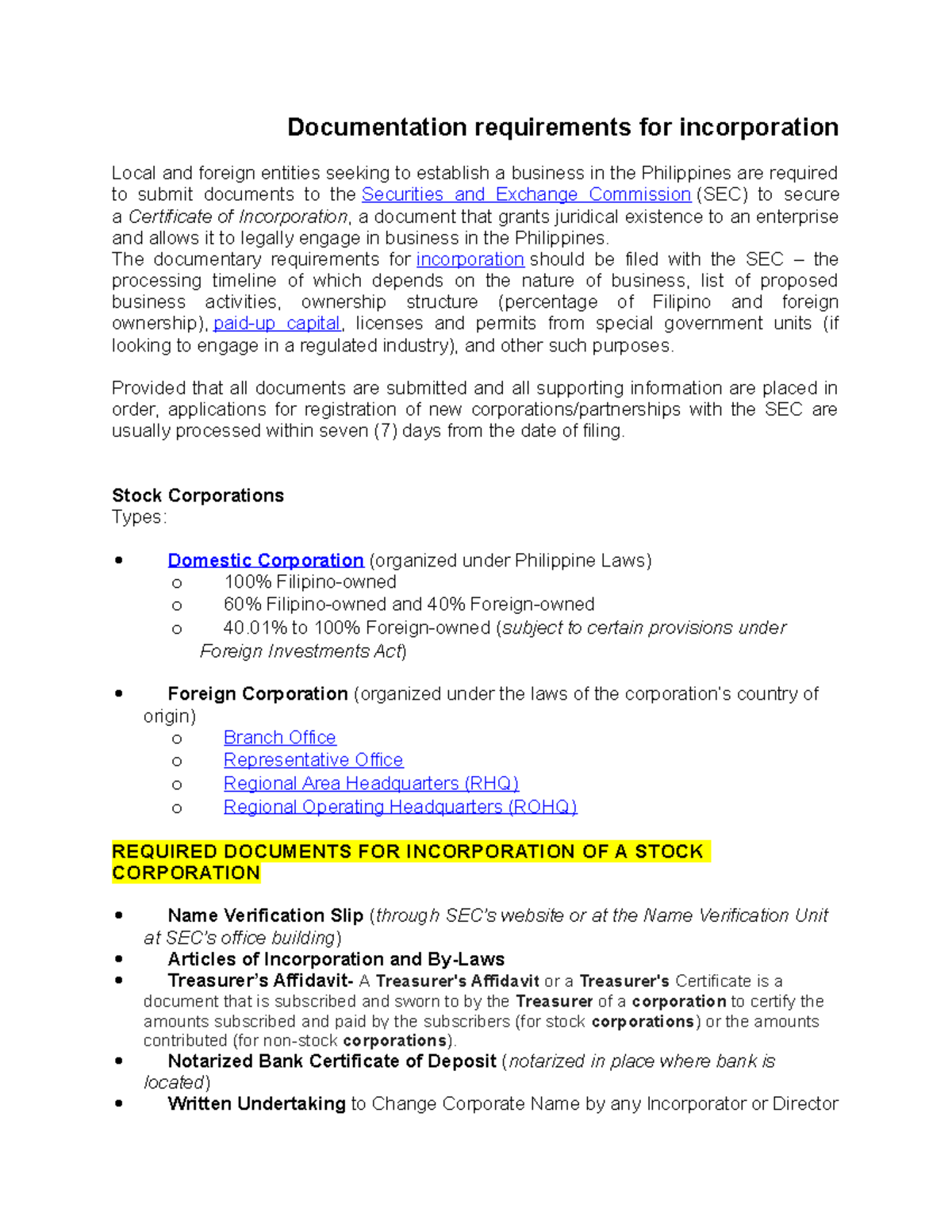 Documentary requirements, incorporators, directors, aoi, etc ...