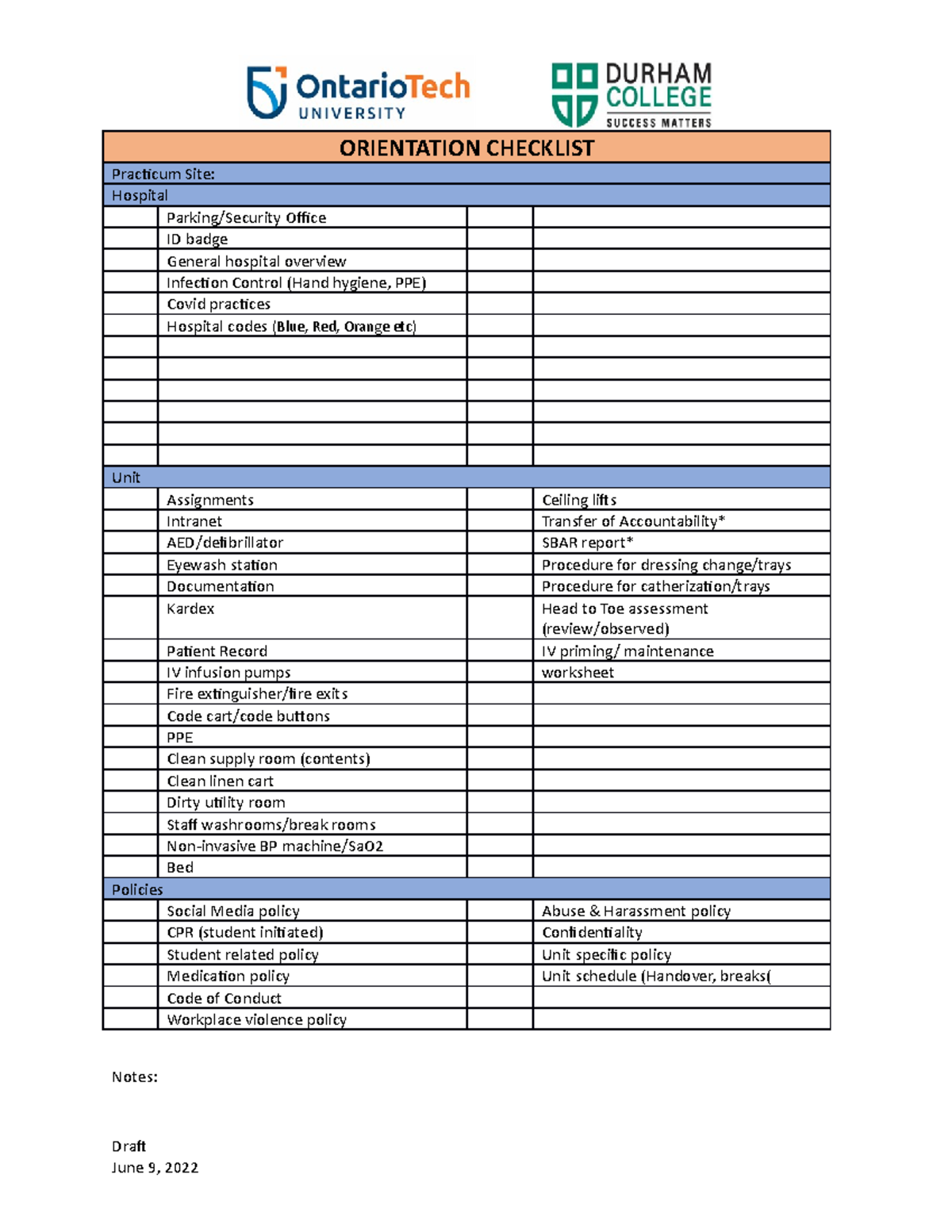 Oriention checklist - summary about orientation - ORIENTATION CHECKLIST ...