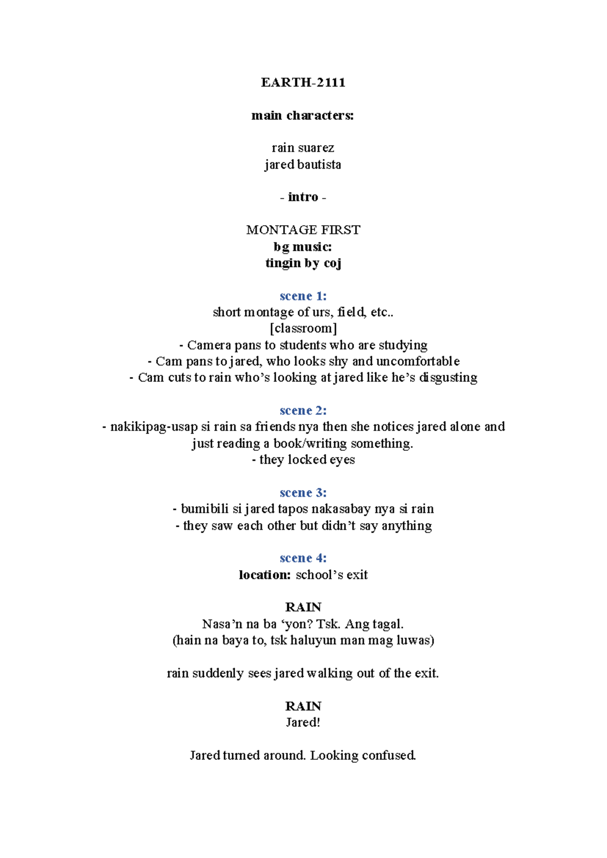 Script for Role Play - EARTH- main characters: rain suarez jared ...