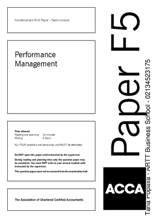 F5 Past Exam Answers - Pilot Paper F5 Answers Performance Management 1 ...
