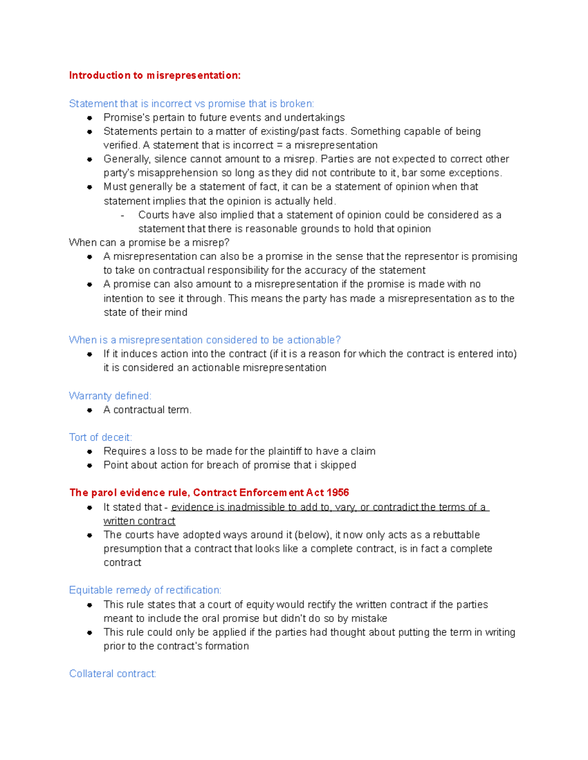 Contract law final test cheat sheet - misrepresentation (general ...
