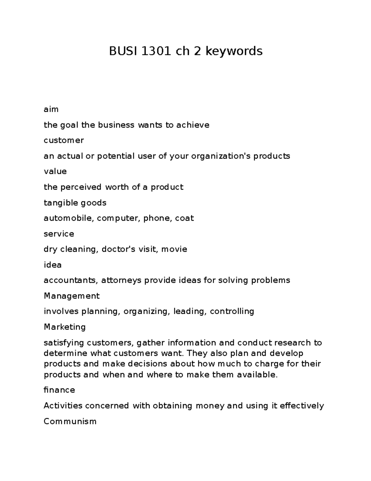 BUSI 1301 ch 2 keywords - Chapter 2 Notes - BUSI 1301 ch 2 keywords aim ...