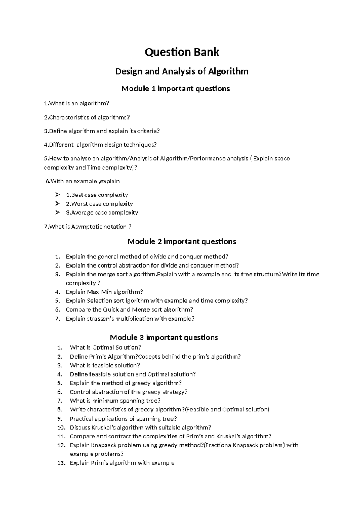 DAA Question bank - Question Bank Design and Analysis of Algorithm Module 1 important questions ...